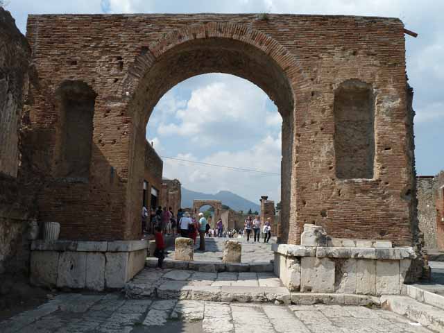 Arch at North East End of the Forum. May 2010. South side, looking ...