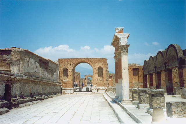 VII.8 Pompeii Forum. 1910. East side of Forum with bust of Giuseppe ...